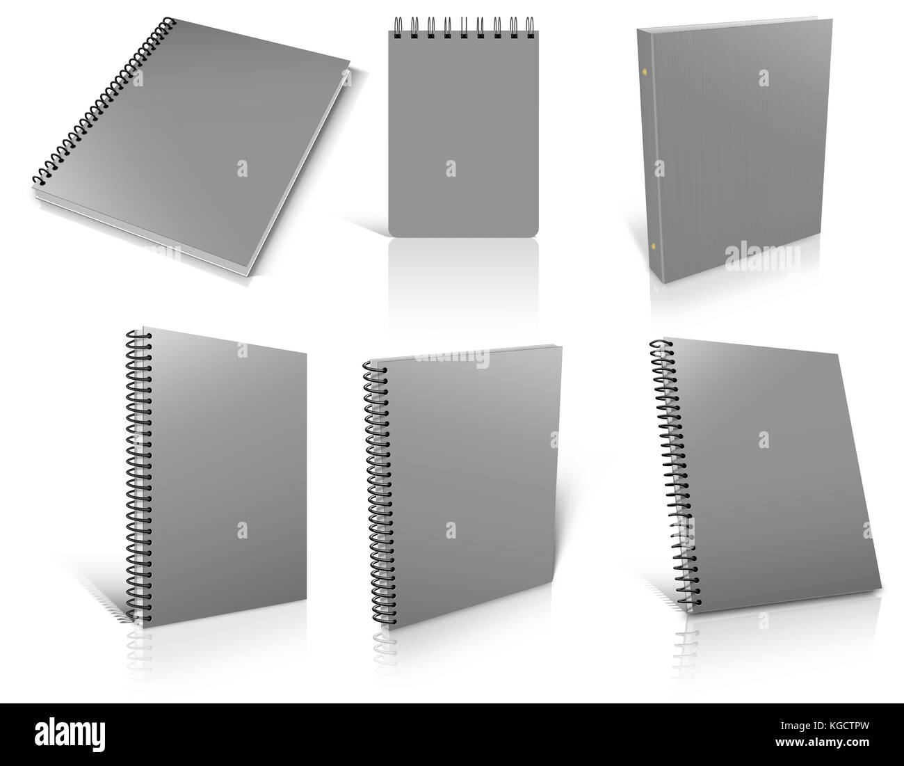 Six grey spiral blank notepad on white. Ready to be personalized by you ...
