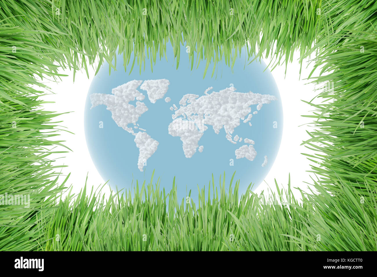 Fluffy natural frame made of real grass. Inside on a blue sphere a map ...