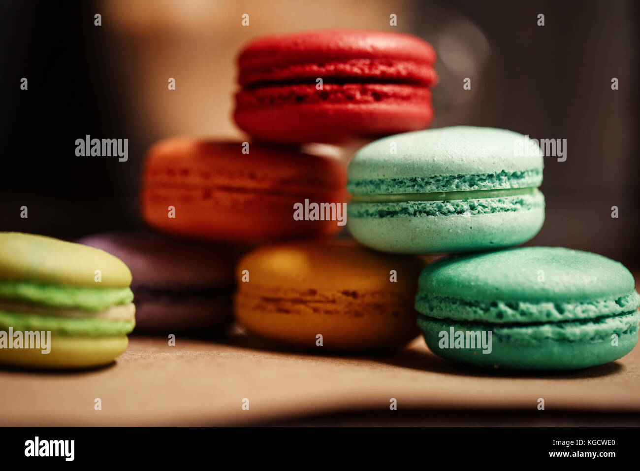 Pyramid of macarons cake. Food concept in bakery. Close-up photo. Macro ...