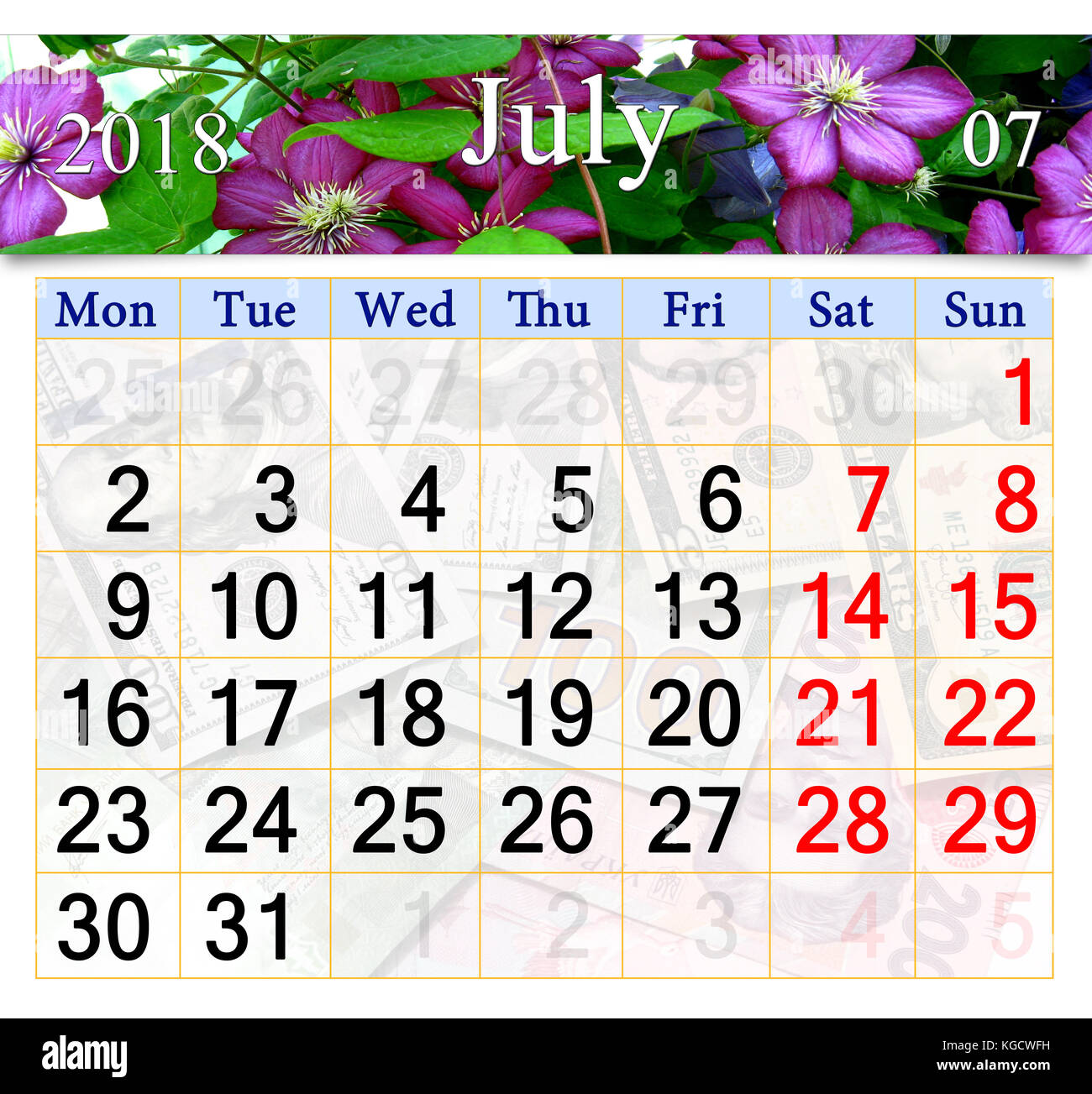 calendar for July 2018 with ribbon of blue clematis. Calendar for mass ...