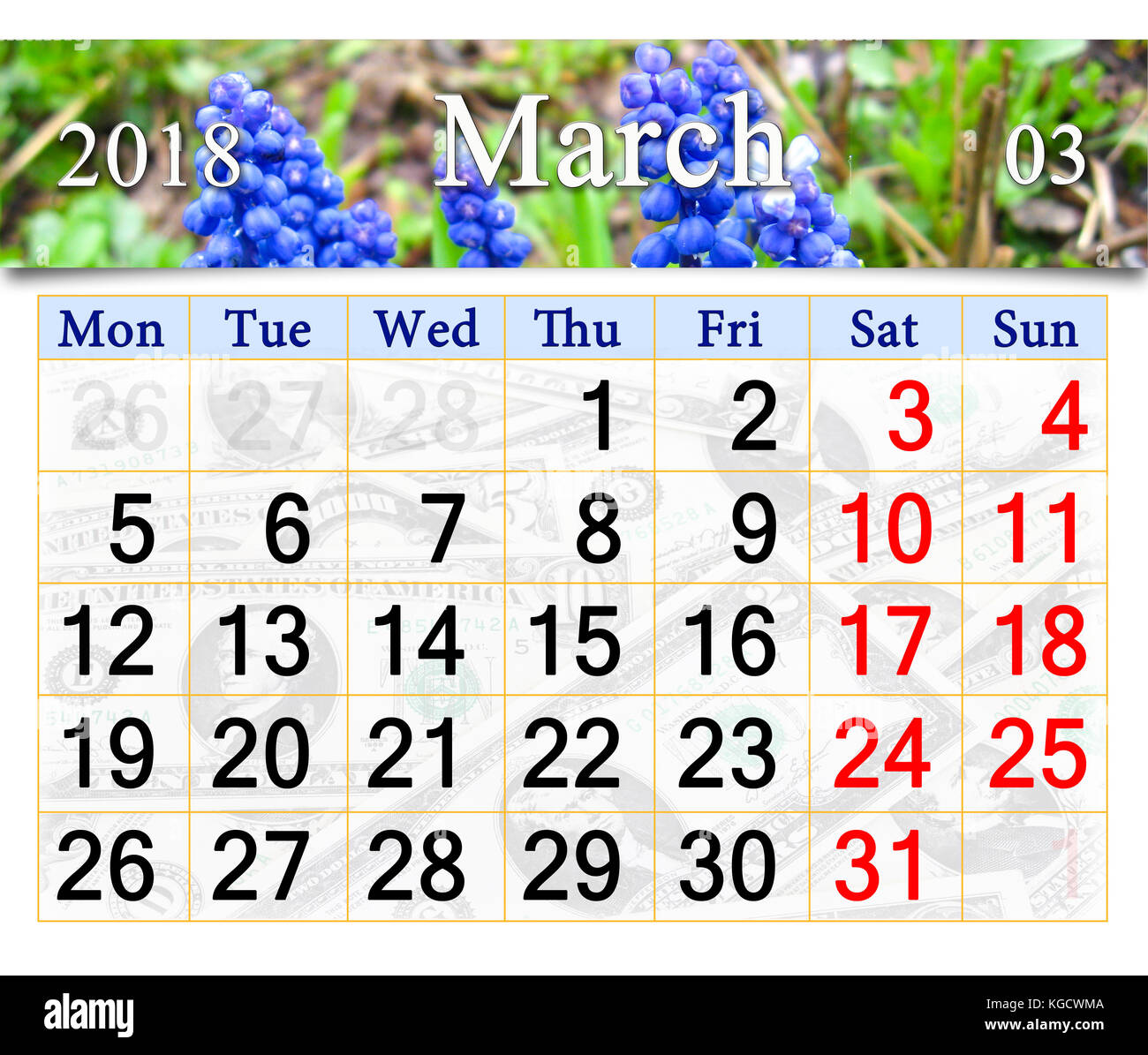 calendar for March 2018 with flowers of muscari Stock Photo - Alamy