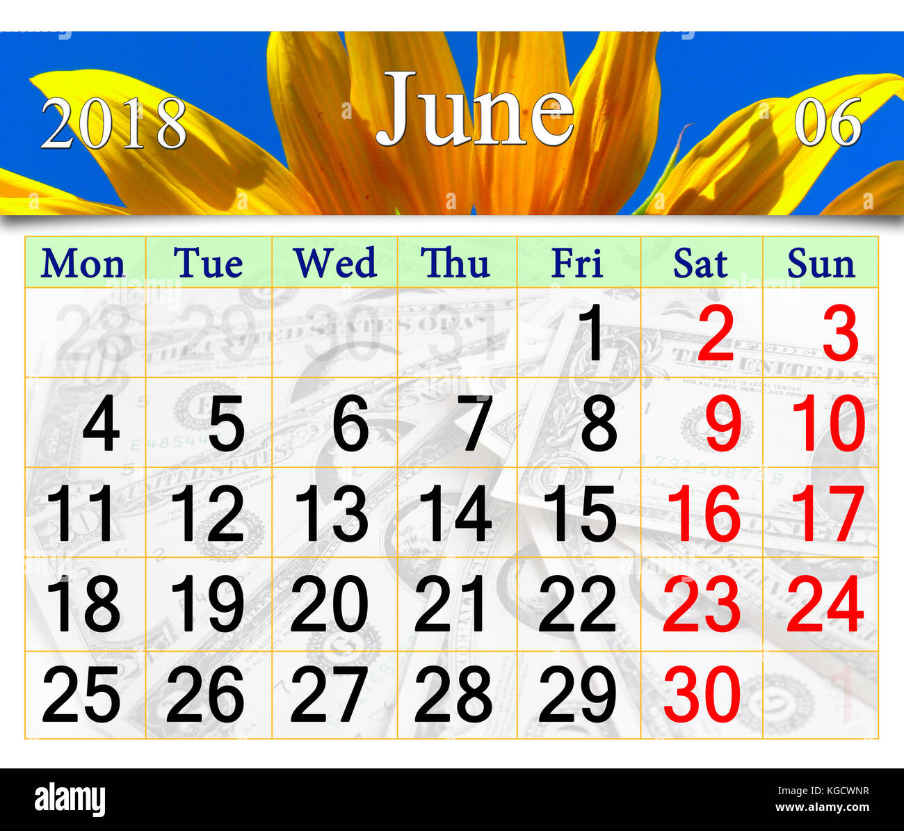 calendar for June 2018 with fragment of yellow sunflower Stock Photo ...