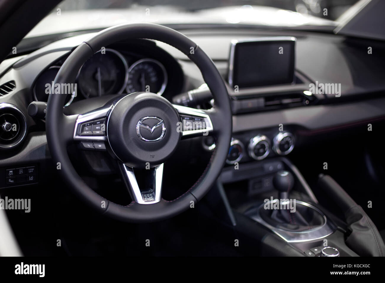 Interior of the Mazda car. Mazda was founded in 1920 in Hiroshima by ...
