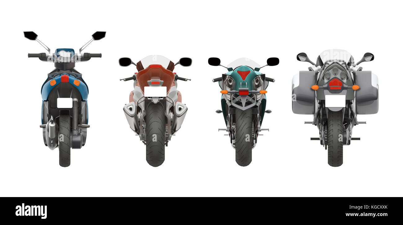 group motorcycles back view isolated on white 3d rendering Stock Photo ...