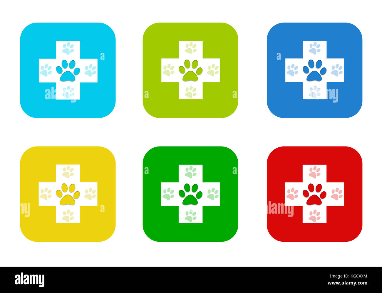 Set of rounded square colorful flat icons with veterinary symbol in ...