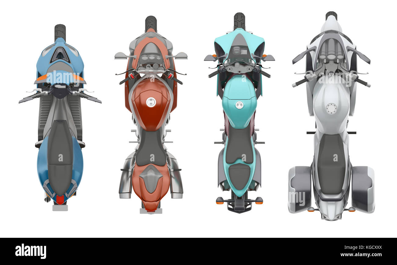 group motorcycles top view isolated on white 3d rendering Stock Photo ...