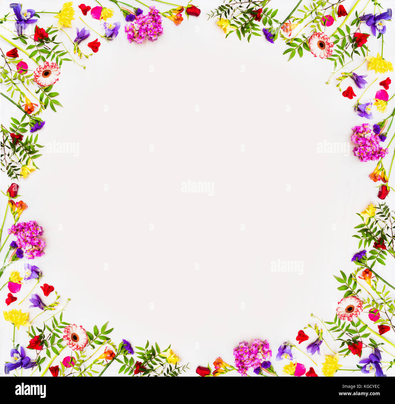 Lovely springtime flowers background with colorful blossom, top view ...