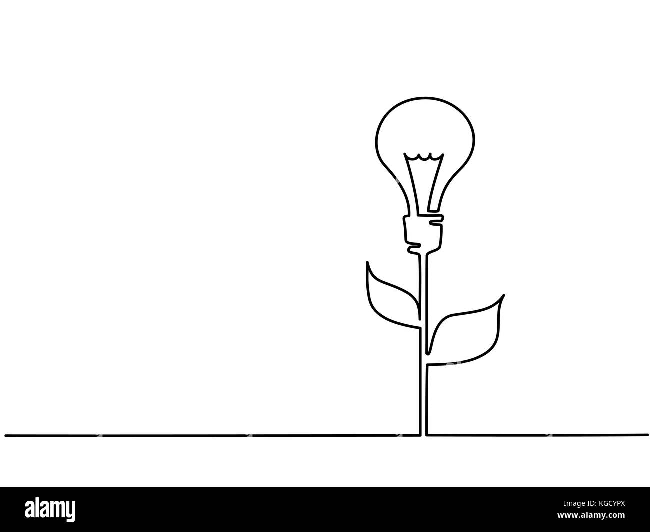 Continuous line drawing. Electic light bulb illuminated on stem of ...