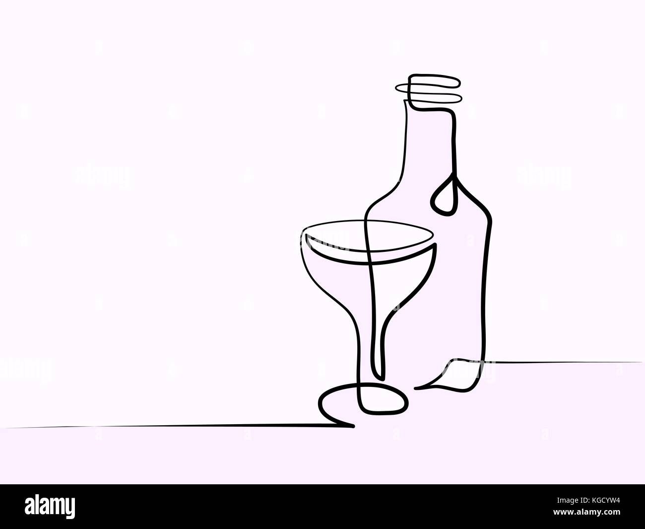 Continuous different width line drawing. Wine bottle and glass contour ...
