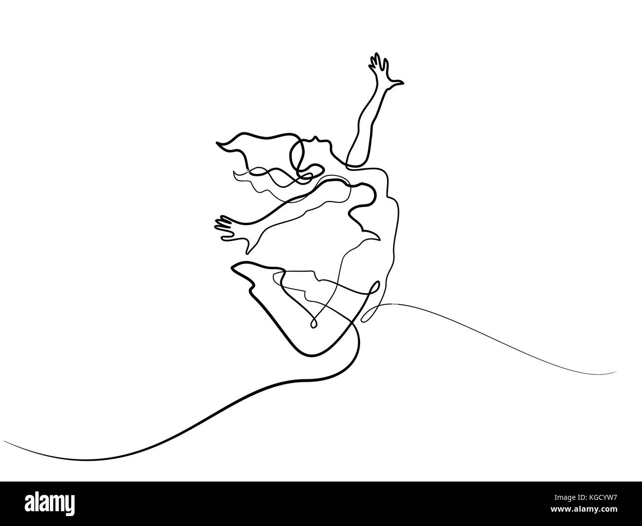 Continuous different width line drawing. Happy jumping woman. Vector ...