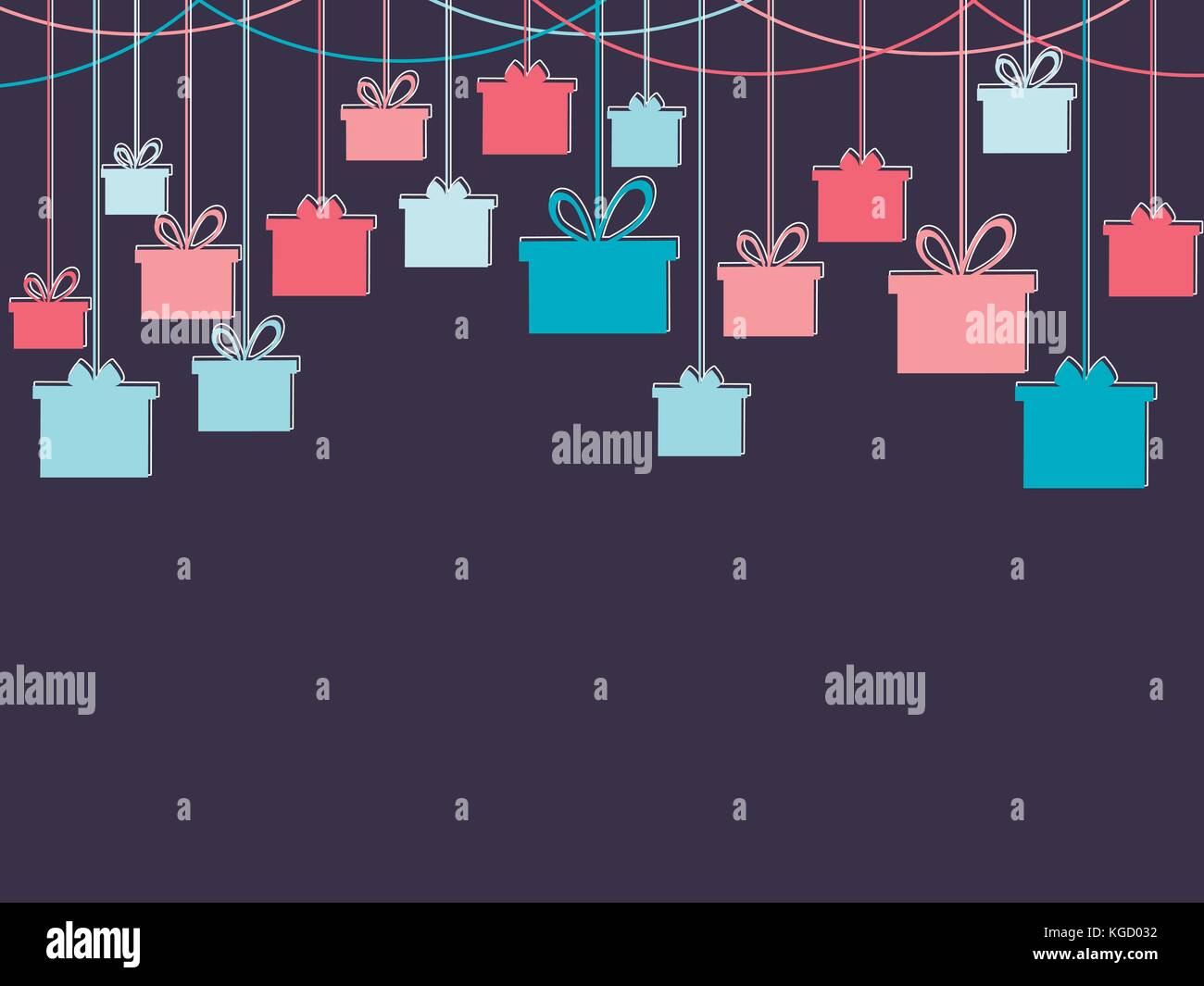 Hanging gift boxes and garland. Celebratory banner. Vector illustration ...