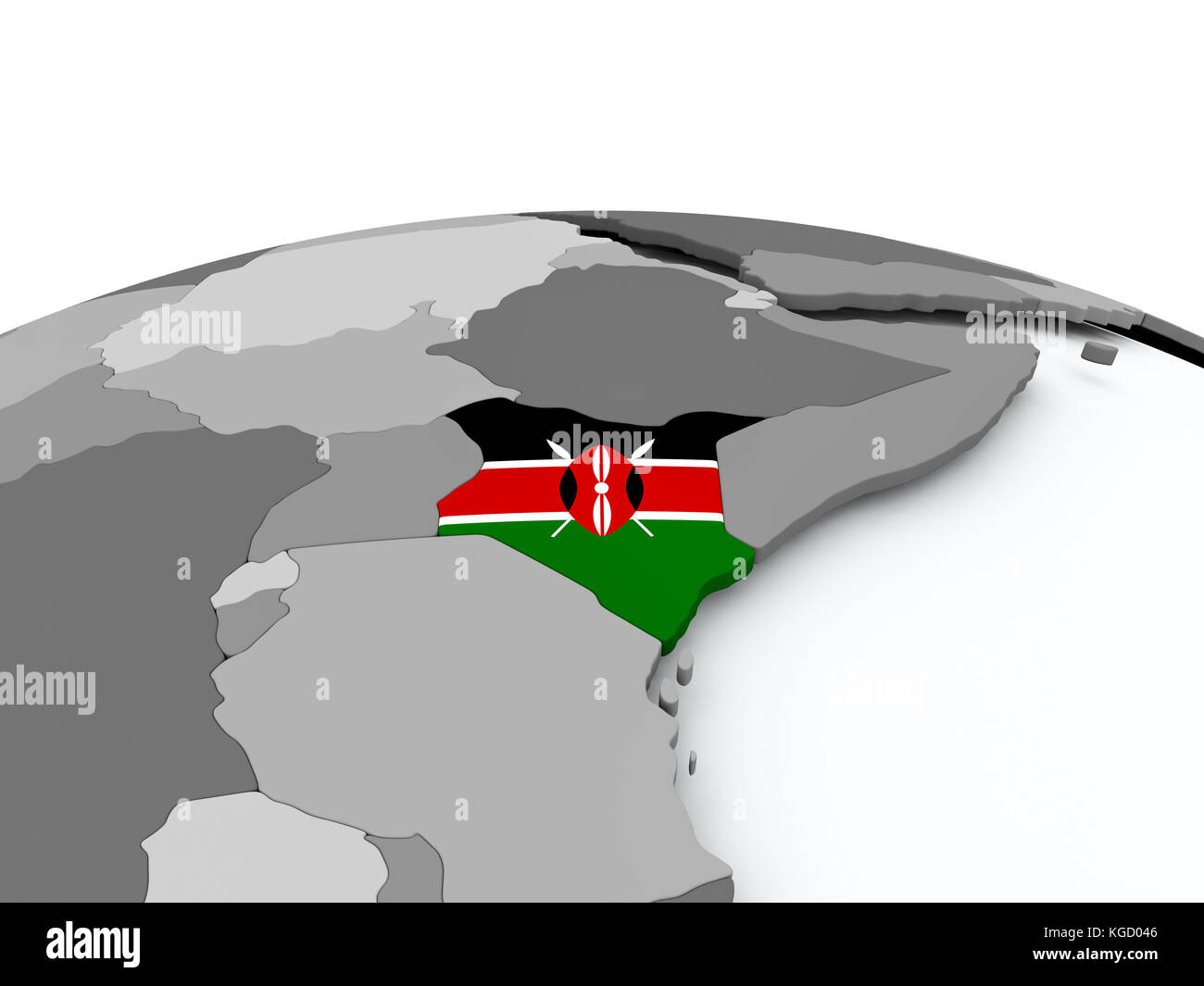 Kenya on grey political globe with embedded flag. 3D illustration Stock ...