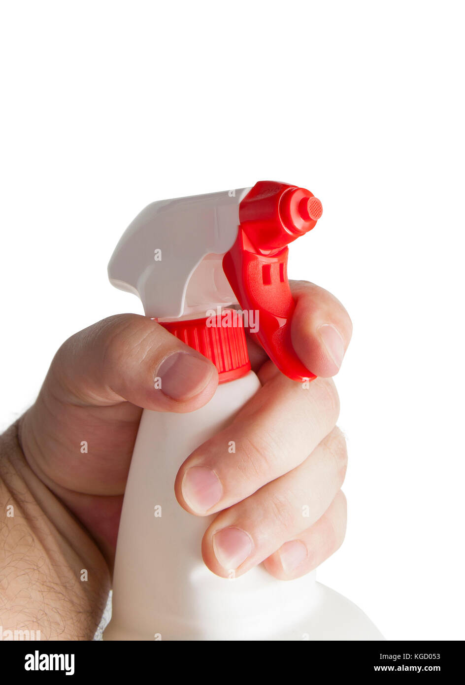 Hand holding white plastic spray bottle. Isolated on a white background ...