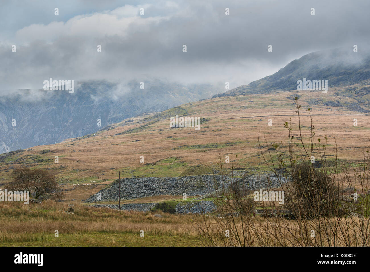 Mount Snowdon in cloud, as seen from Rhyd Ddu, Snowdonia, Wales, UK ...