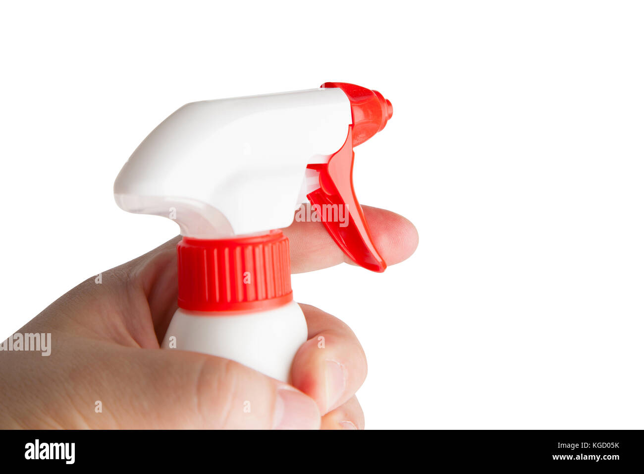 Hand holding white plastic spray bottle. Isolated on a white background ...