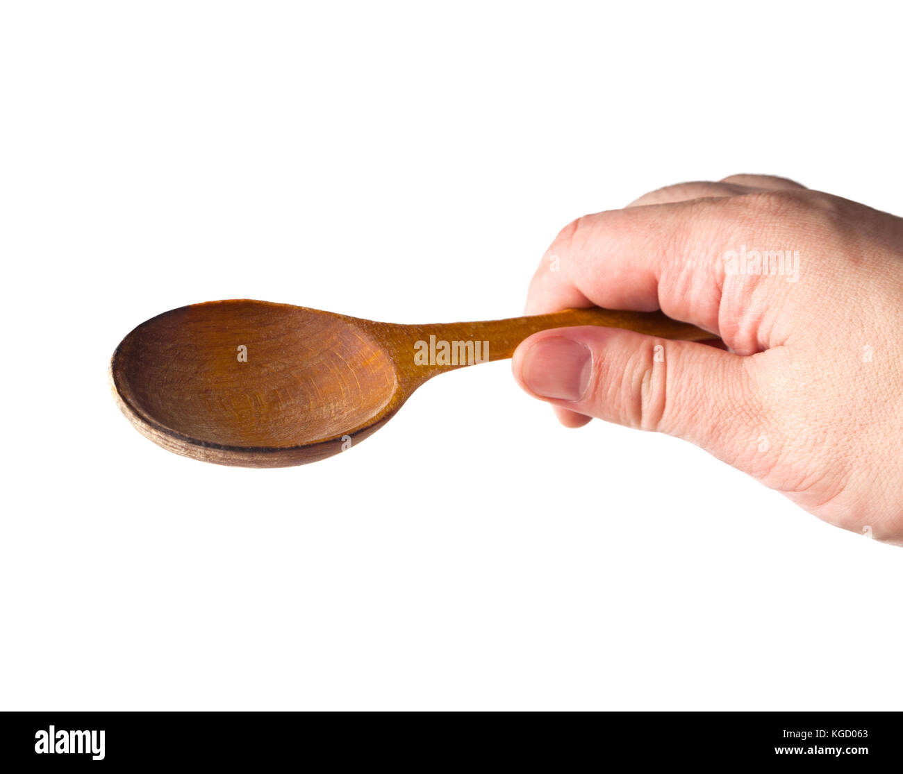 Man hand with wooden spoon isolated on white background Stock Photo - Alamy