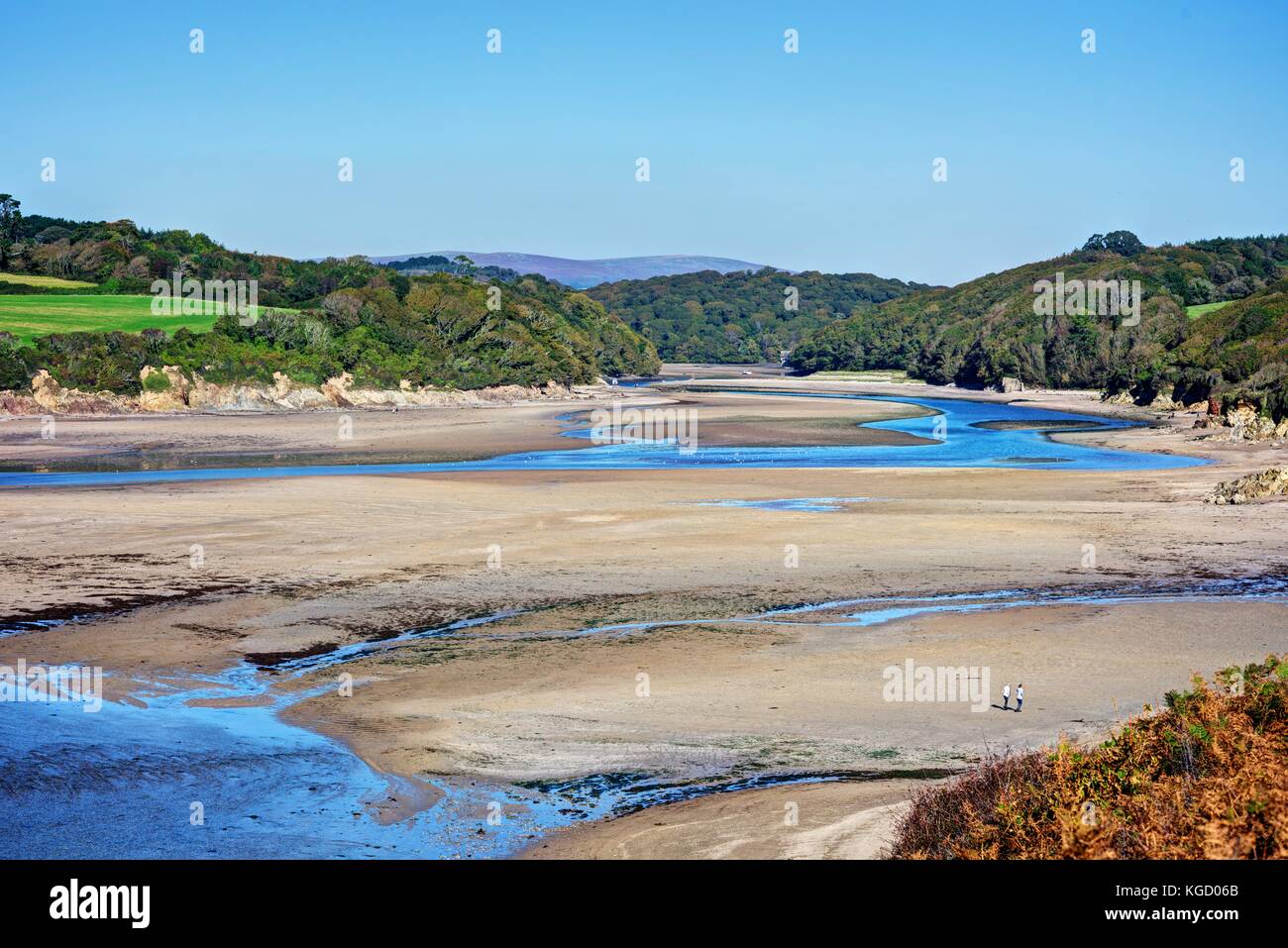 A long distance view down the beautiful Erme Estuary, South Devon. The ...