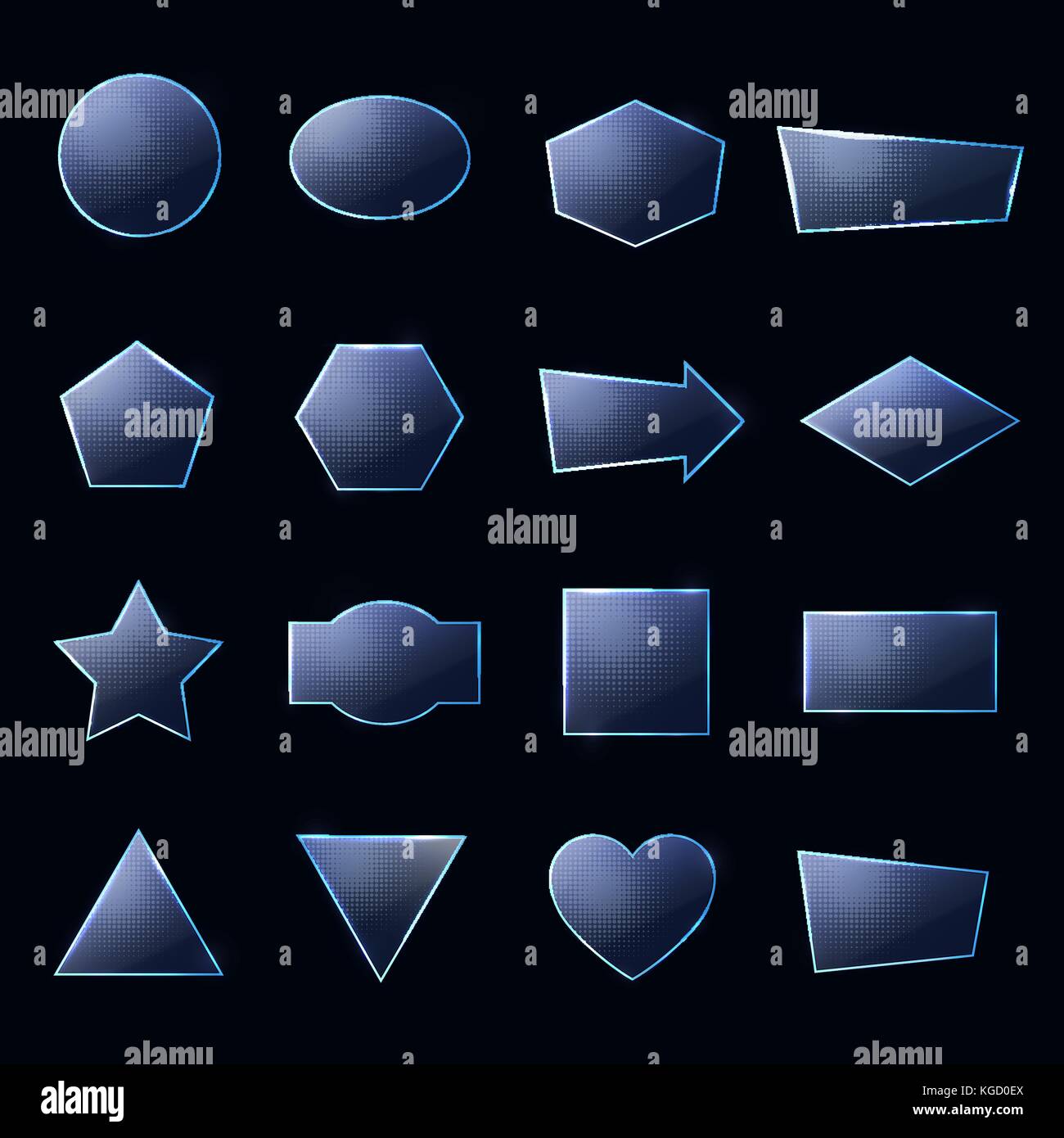 Blue glass plates set. Triangle square rectangle hexagon, pentagon ...