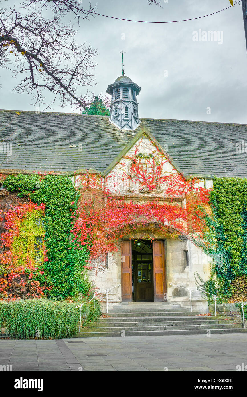 Main entrance to the public library at Kettering, England, on a dull ...