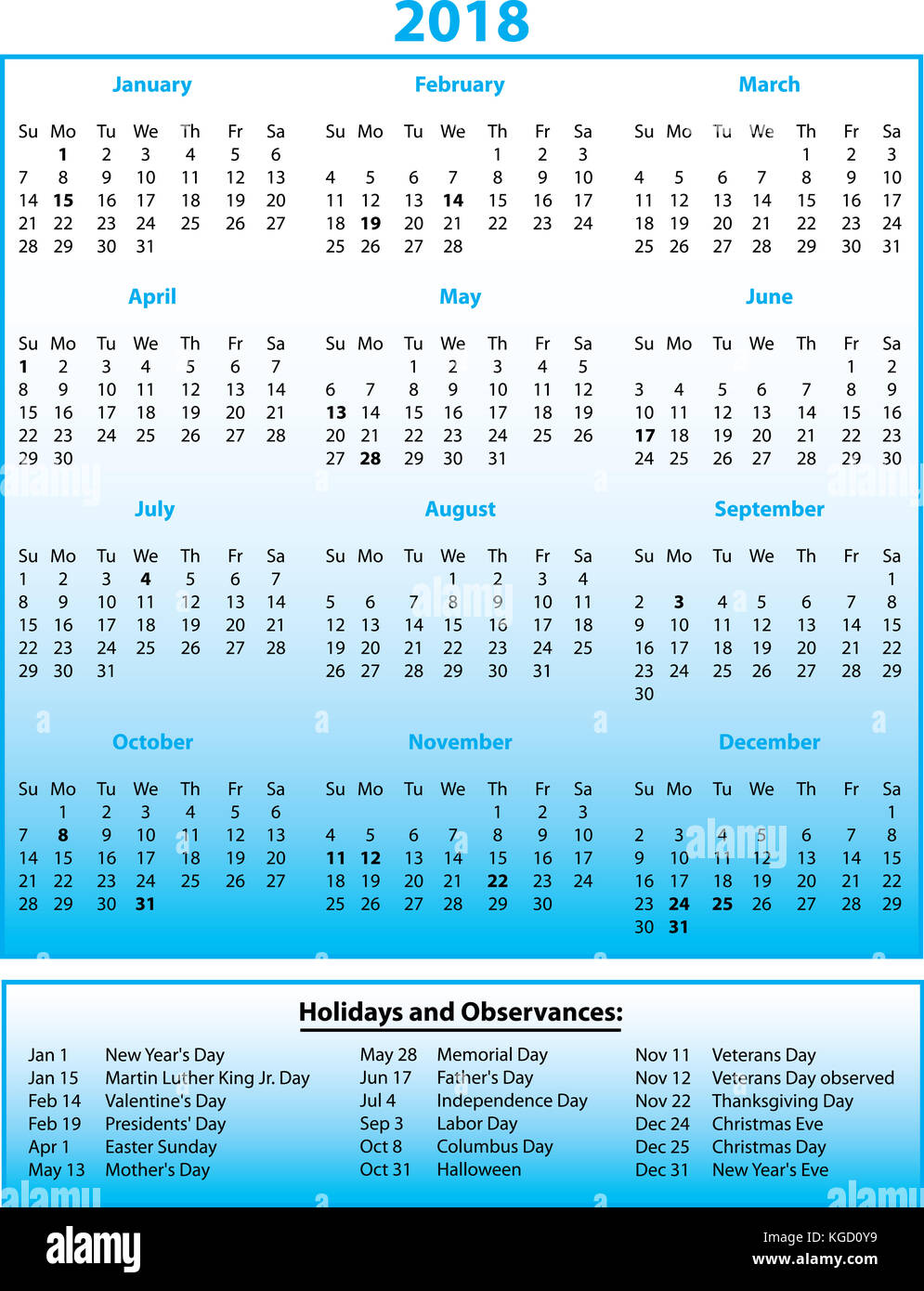 2018 Calendar Blue Background with Holidays Stock Photo - Alamy