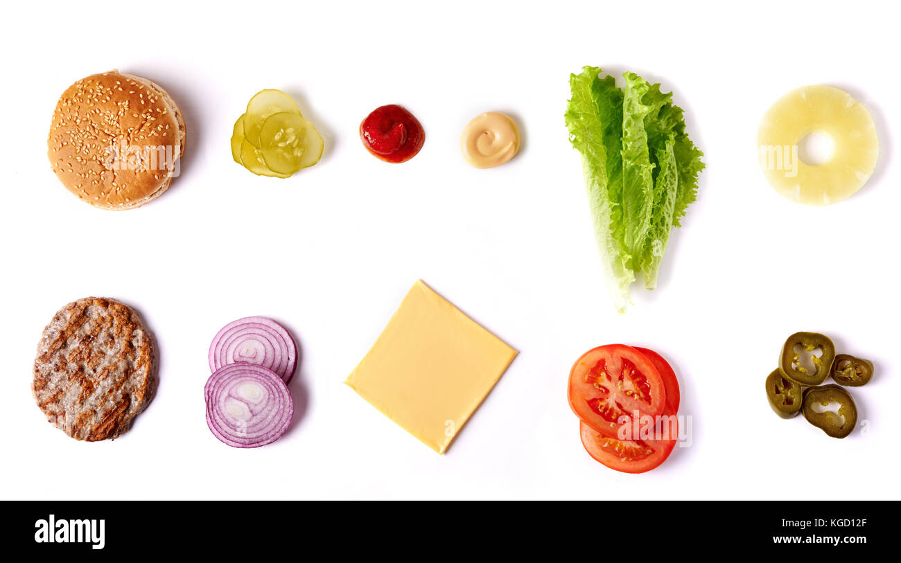 burger ingredients isolated on white background. top view Stock Photo ...