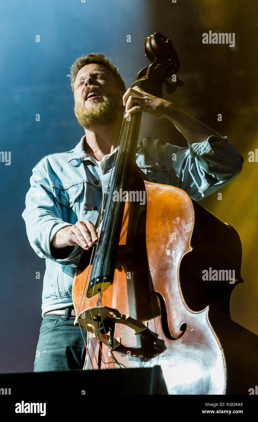 Ted Dwane from Mumford and Sons playing double bass at the Latitude ...