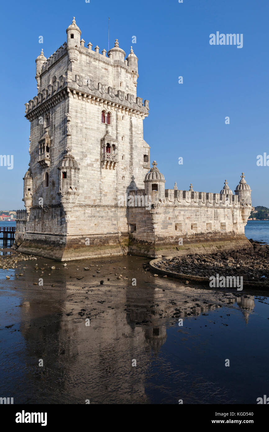 Belem Tower in Lisbon reflected in the Tegus river Stock Photo - Alamy