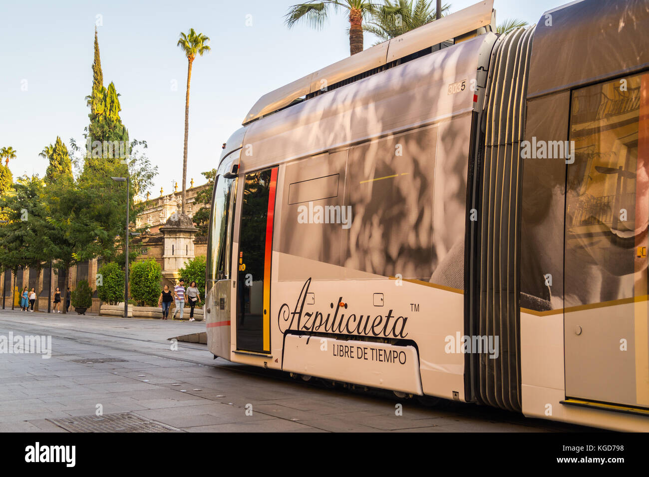 Tram in the historic centre of Seville, Andalucia, Spain Stock Photo ...