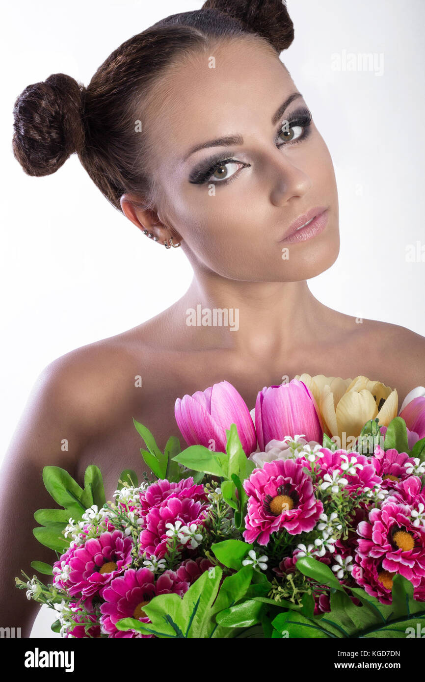 beauty woman with spring flowers studio Stock Photo - Alamy