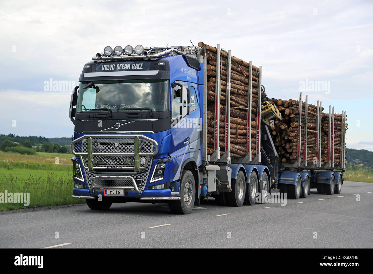 SALO, FINLAND - JULY 10, 2015: Volvo FH16 logging truck with a full ...