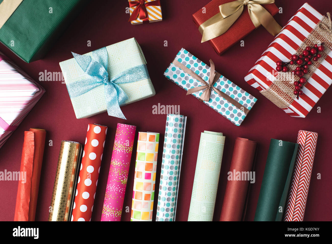 christmas presents and wrapping papers Stock Photo - Alamy