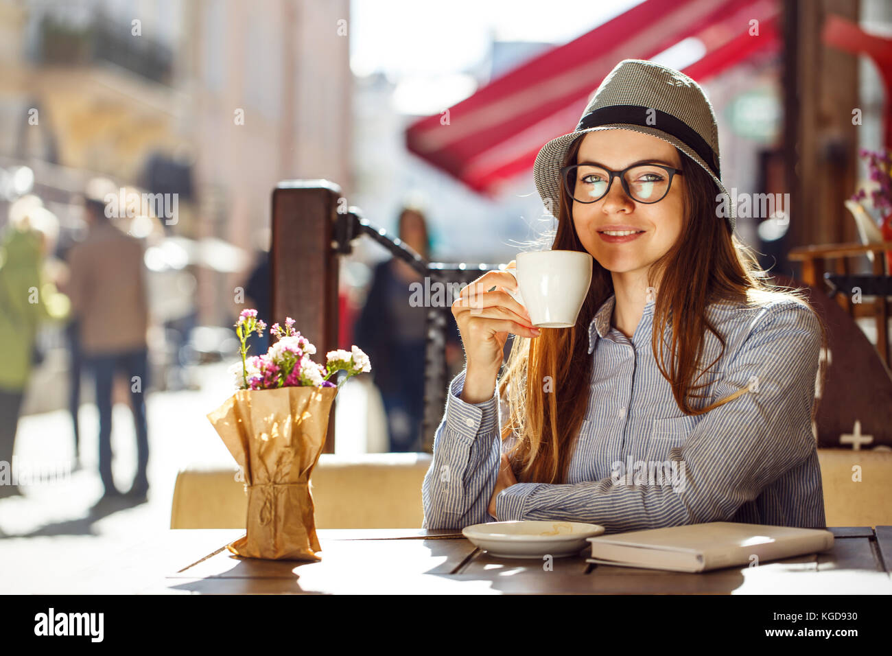 Stylish Girl with Coffee Stock Photo - Alamy