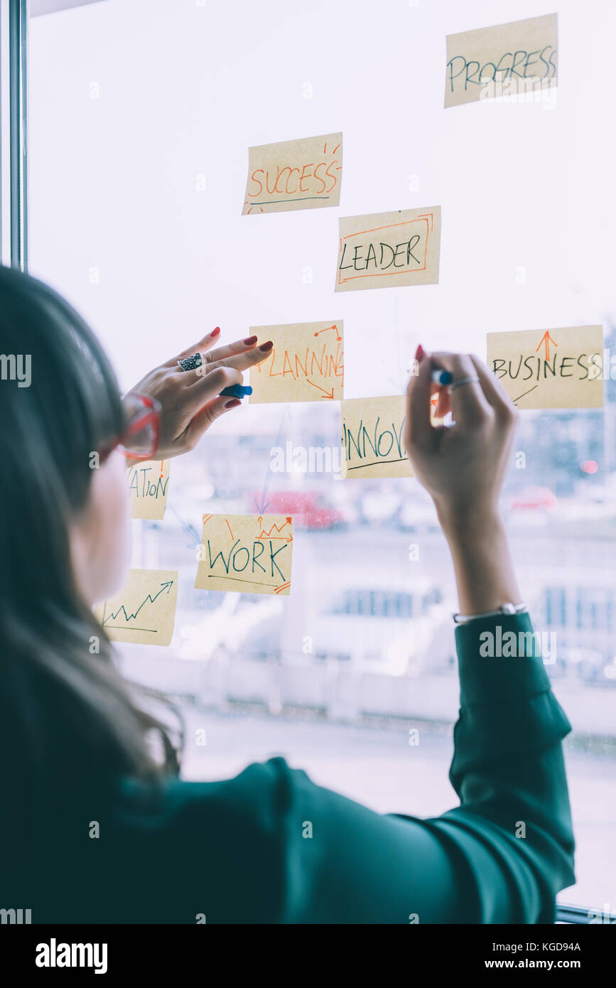 Young business woman standing in front of glass wall with post it notes ...