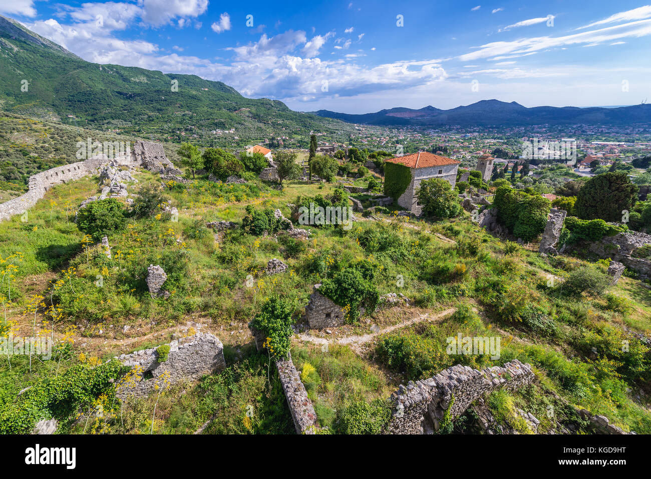 Aerial view of fortress ruins with palace nad clock tower in Stari Bar ...