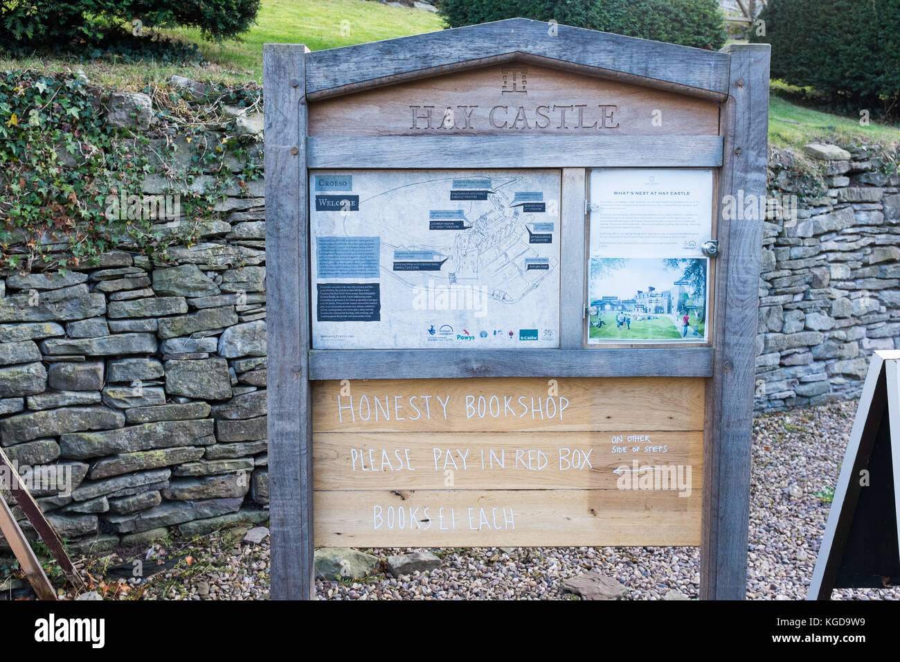 Sign outside Hay Castle and the Honesty Bookshop Stock Photo - Alamy