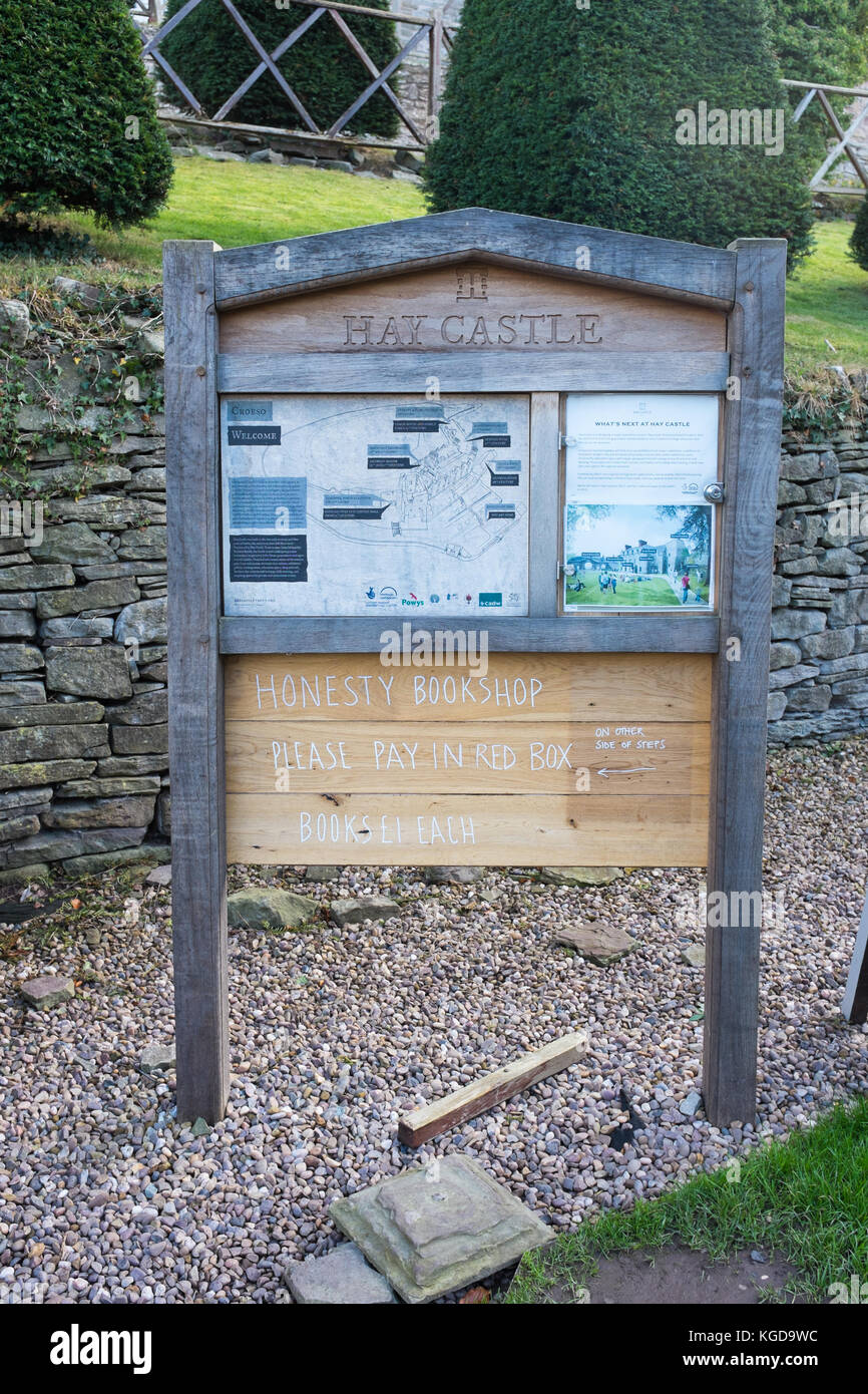 Sign outside Hay Castle and the Honesty Bookshop Stock Photo - Alamy