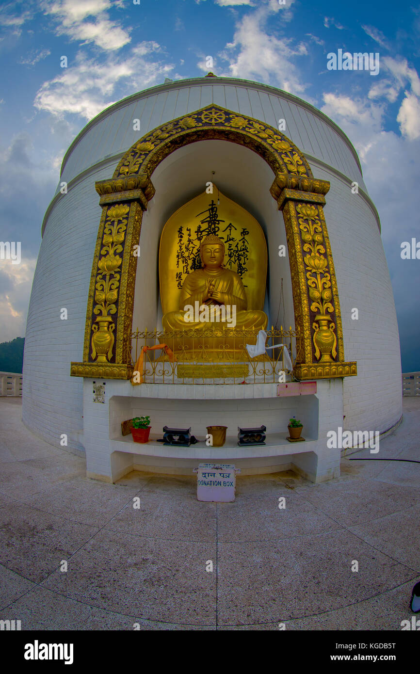 POKHARA, NEPAL, SEPTEMBER 04, 2017: Golden statue of Buddha a the World ...