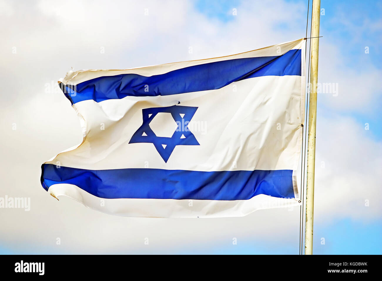 Israel flag close up shot on a background of blue sky. White and blue ...