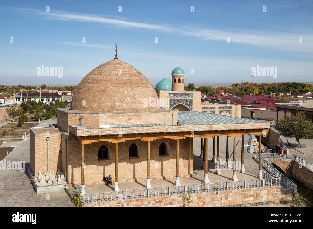 Nurata, Uzbekistan. Djuma mosque in the foreground and Namazgokh mosque ...
