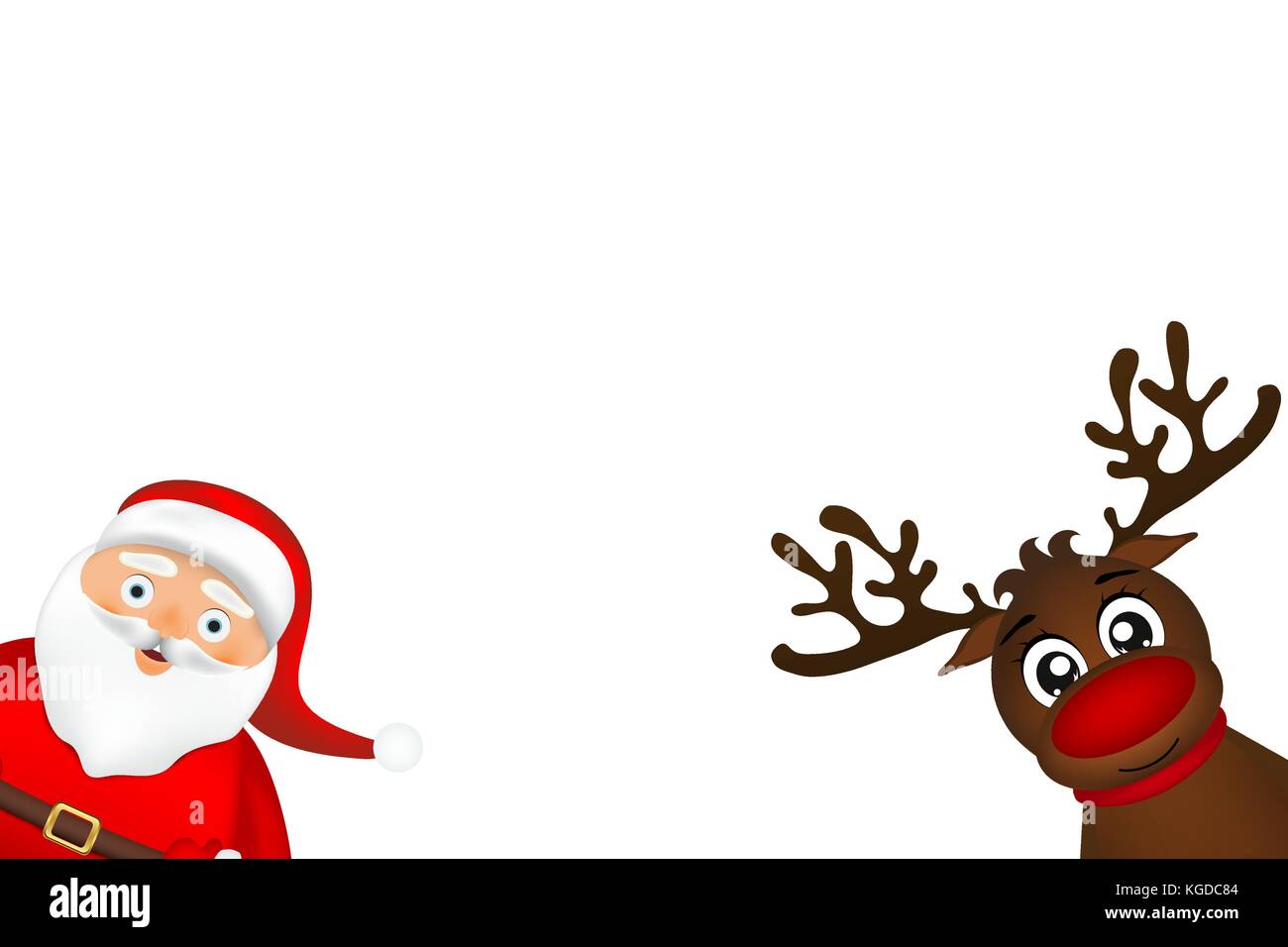 Santa Claus and reindeer peeking on the side on a white backgrou Stock ...