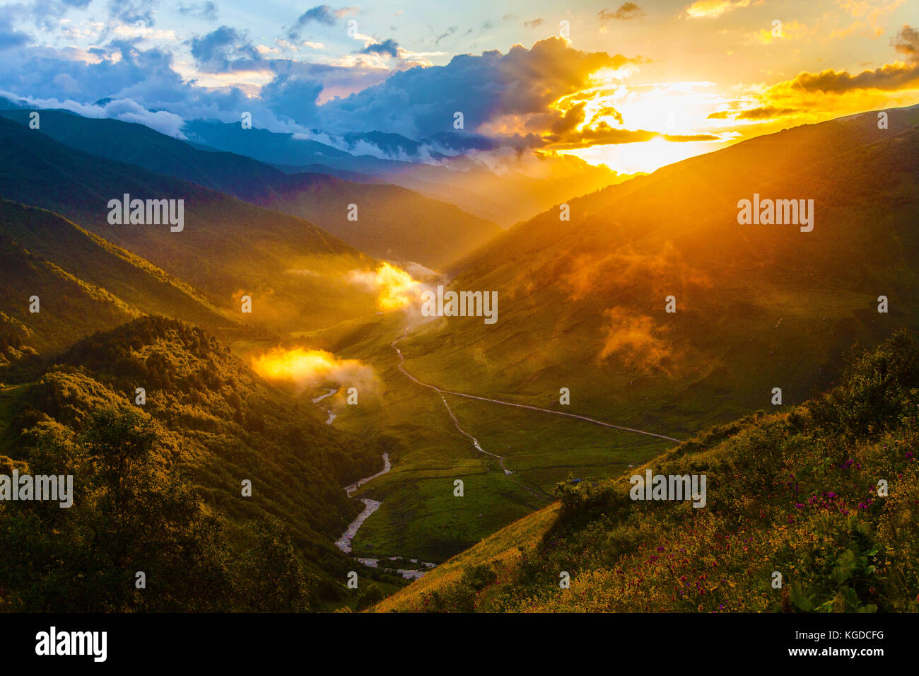 Sunset in Georgian mountains Svaneti Caucasus Stock Photo - Alamy