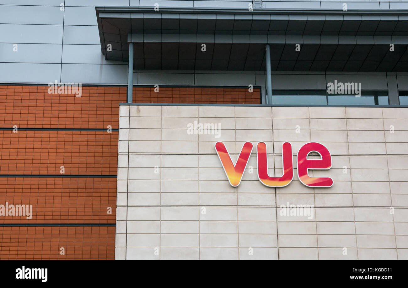 Close up close up view of the Vue cinema sign on the Ocean terminal ...