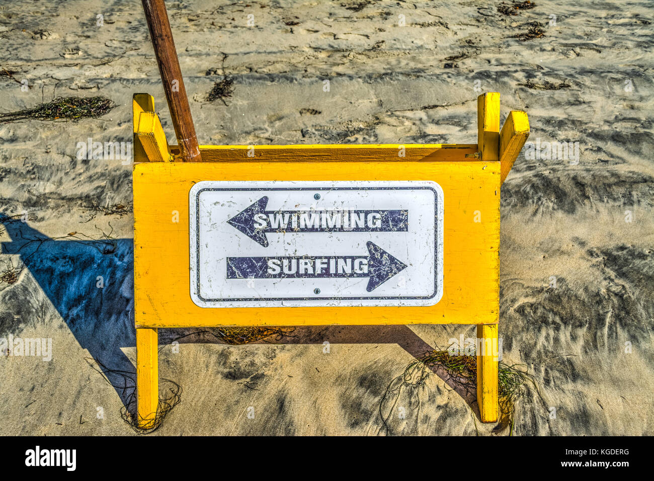 Swimming and Surfing wooden sign in Pacific Beach, California Stock ...
