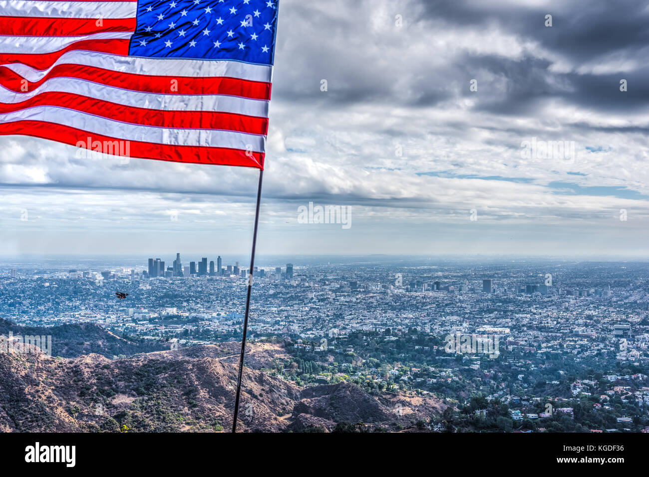 US flag on Mount Lee with Los Angeles in the background Stock Photo - Alamy
