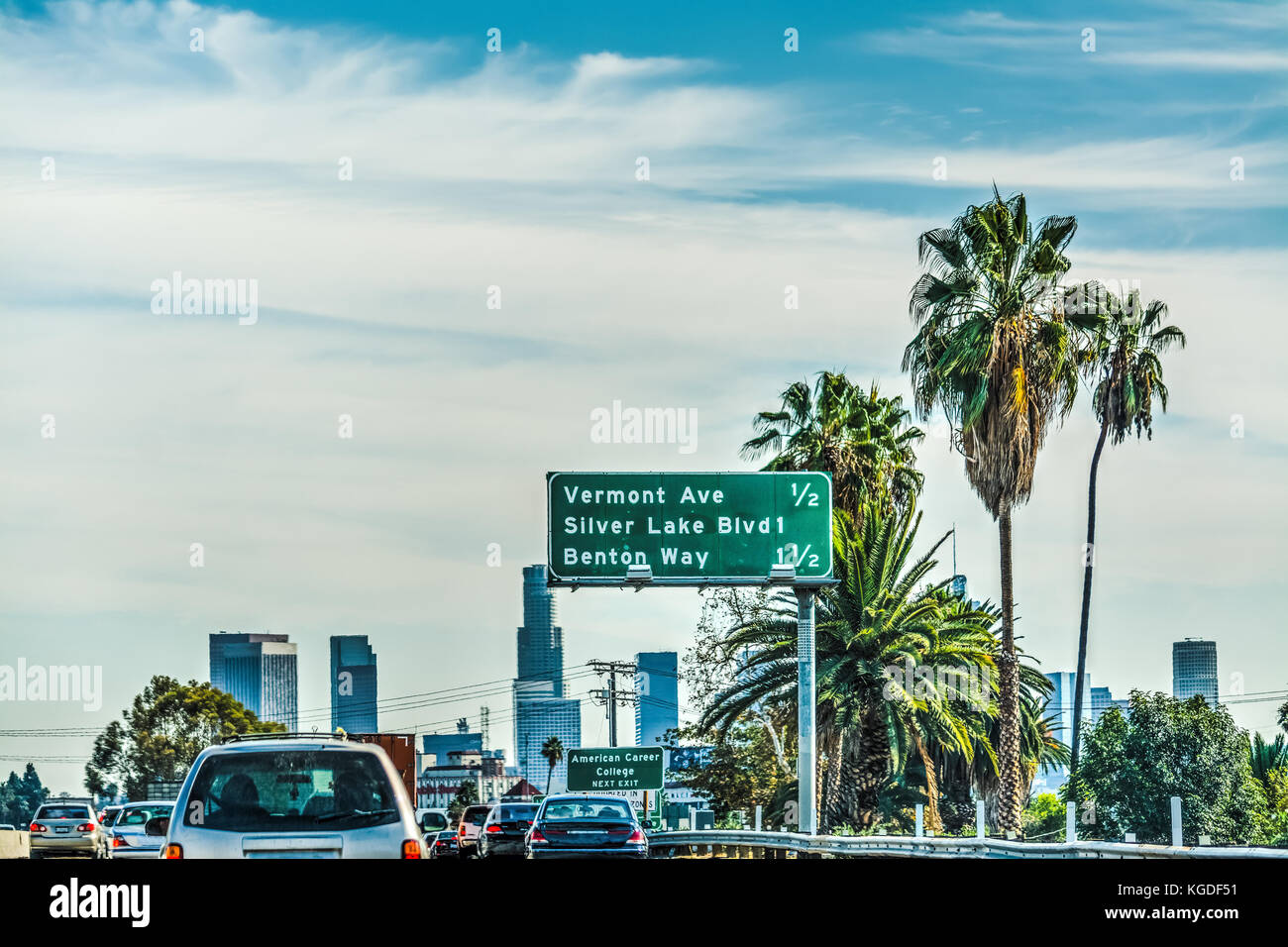 Traffic on the freeway with downtown Los Angeles on the background ...