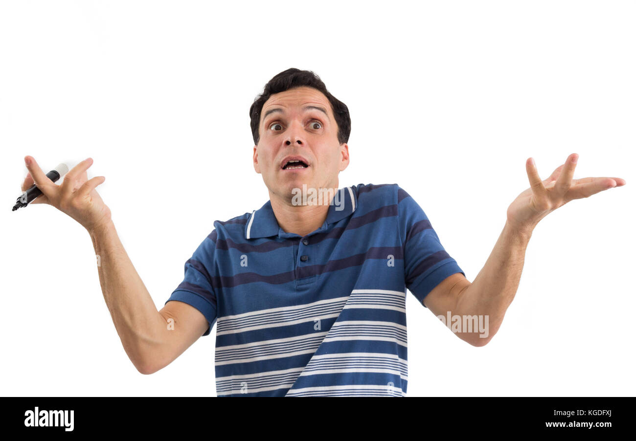 Scared teacher. He is wearing a blue T-shirt. Holding a permanent ...