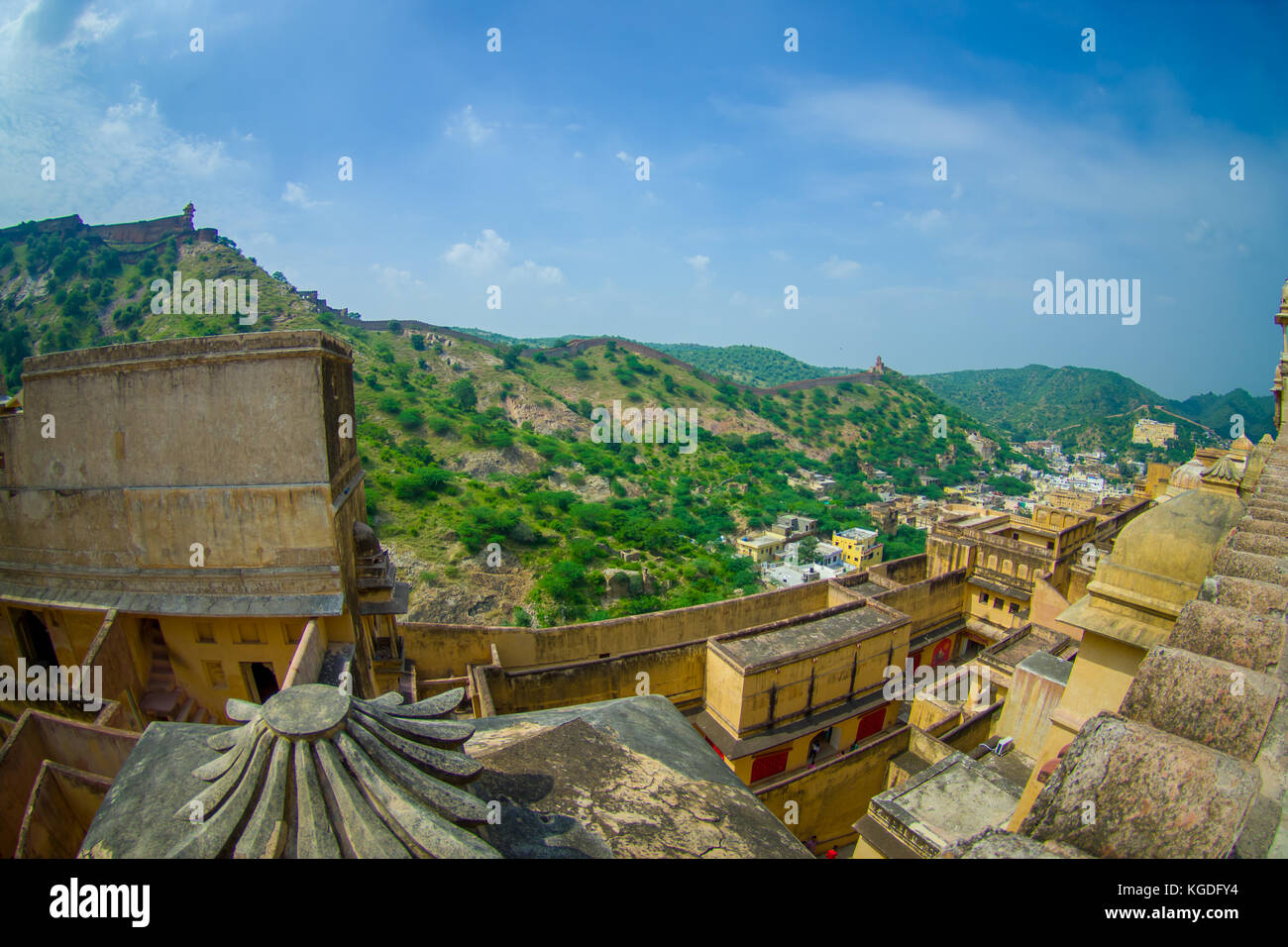 Aerial view of Amber Fort landscape and some rooftops of the buildings ...