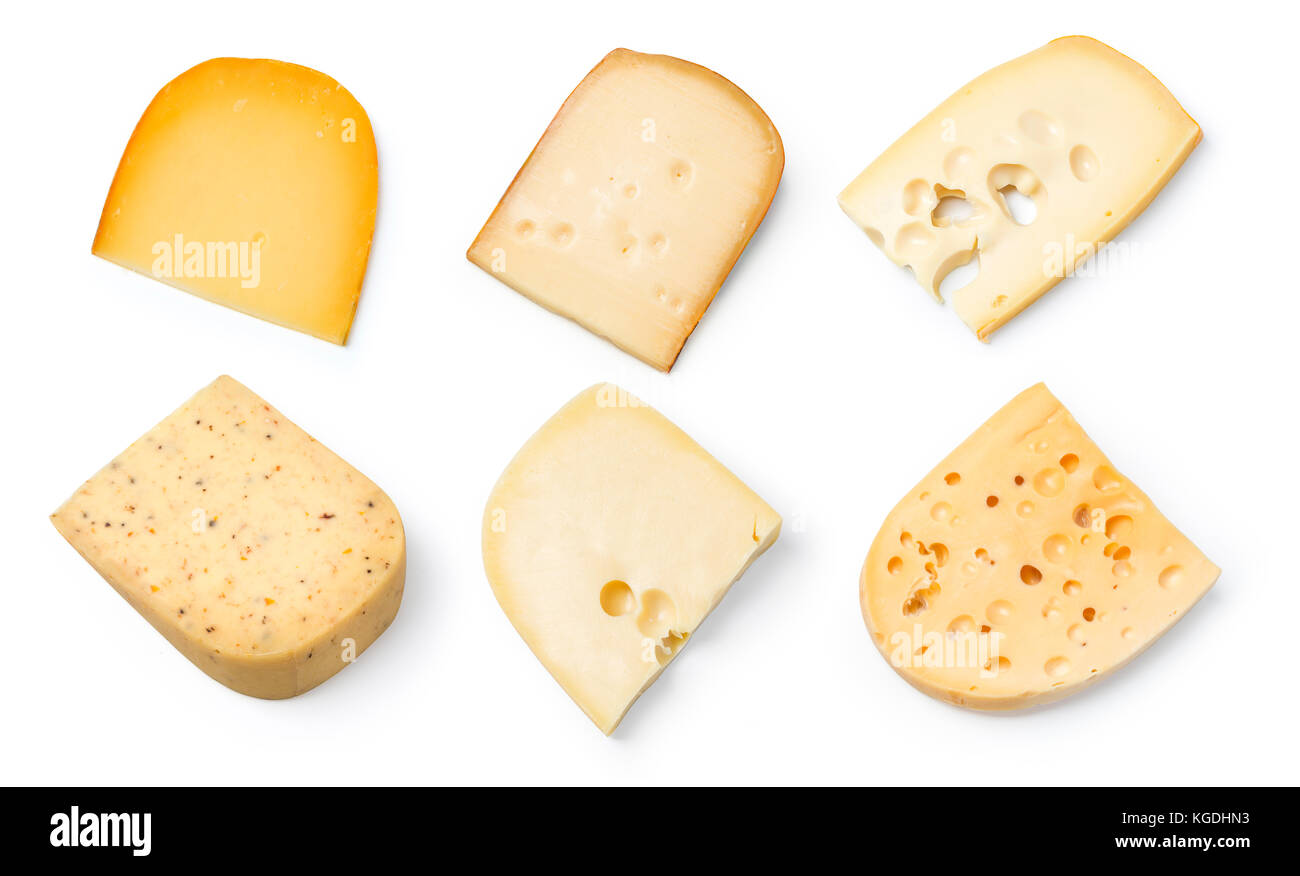 Different kinds of cheeses isolated on white background Stock Photo - Alamy