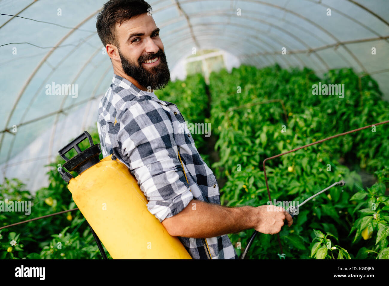 Young man spraying pesticide hi-res stock photography and images - Alamy