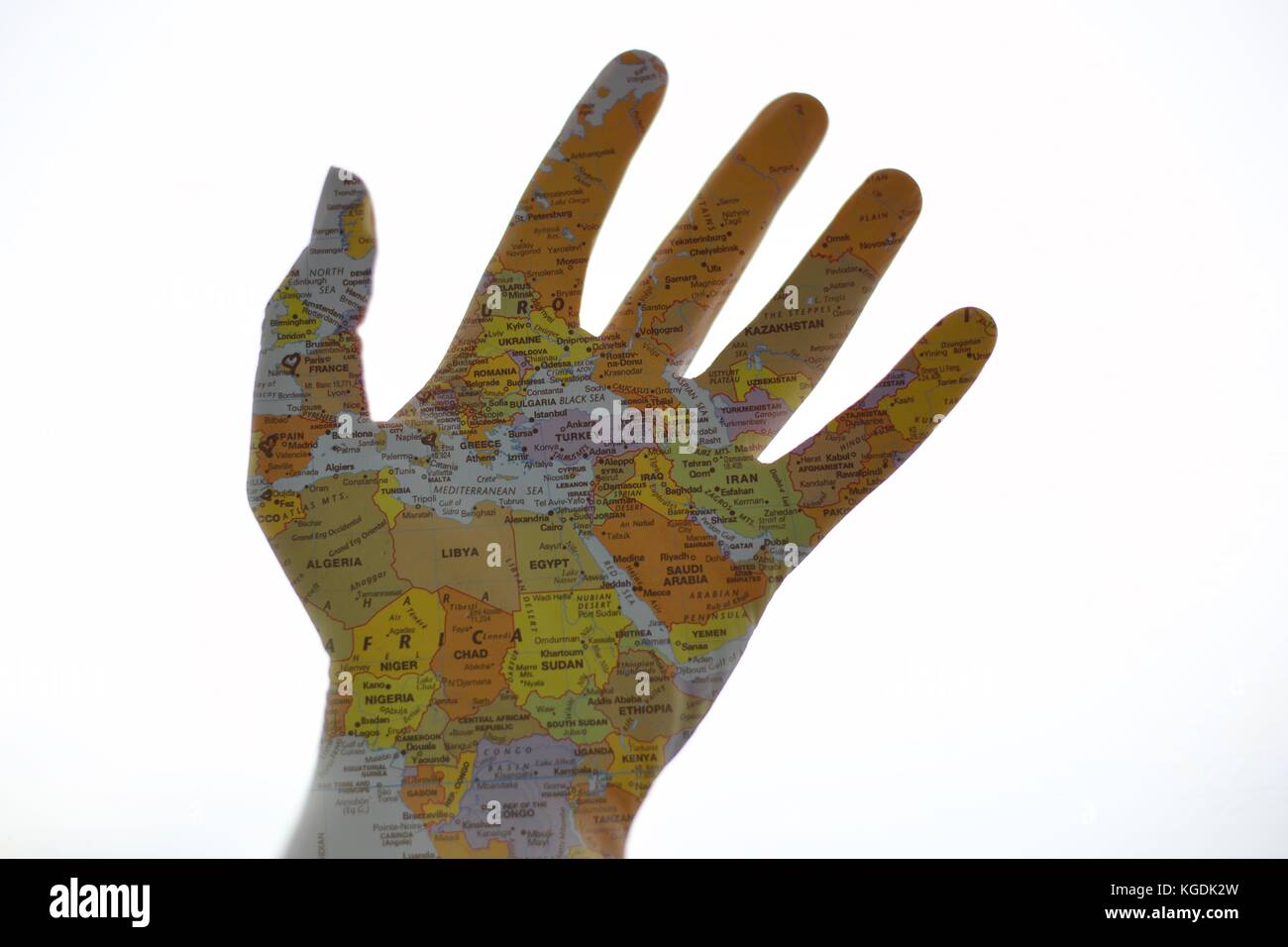 world map on hand Stock Photo - Alamy